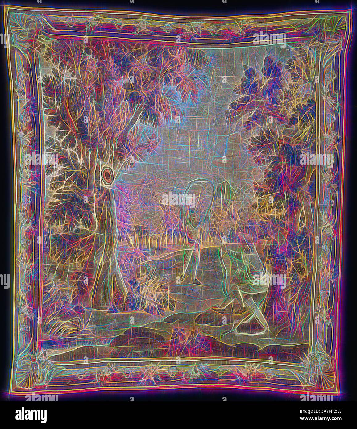 A vibrant, surreal depiction of a serene landscape featuring lush trees ...