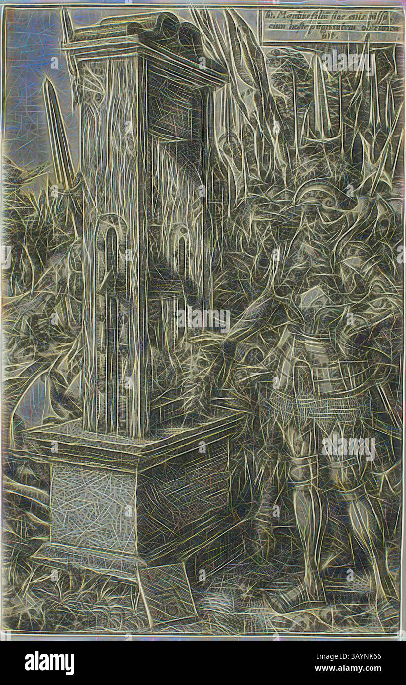 A historical scene showcases a towering guillotine surrounded by ...