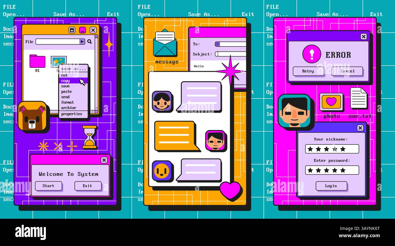 Retro user interface screens collection - file manager with context menu, messaging app layout ...
