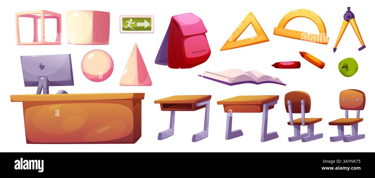 School classroom interior elements set - cartoon furniture and supplies ...