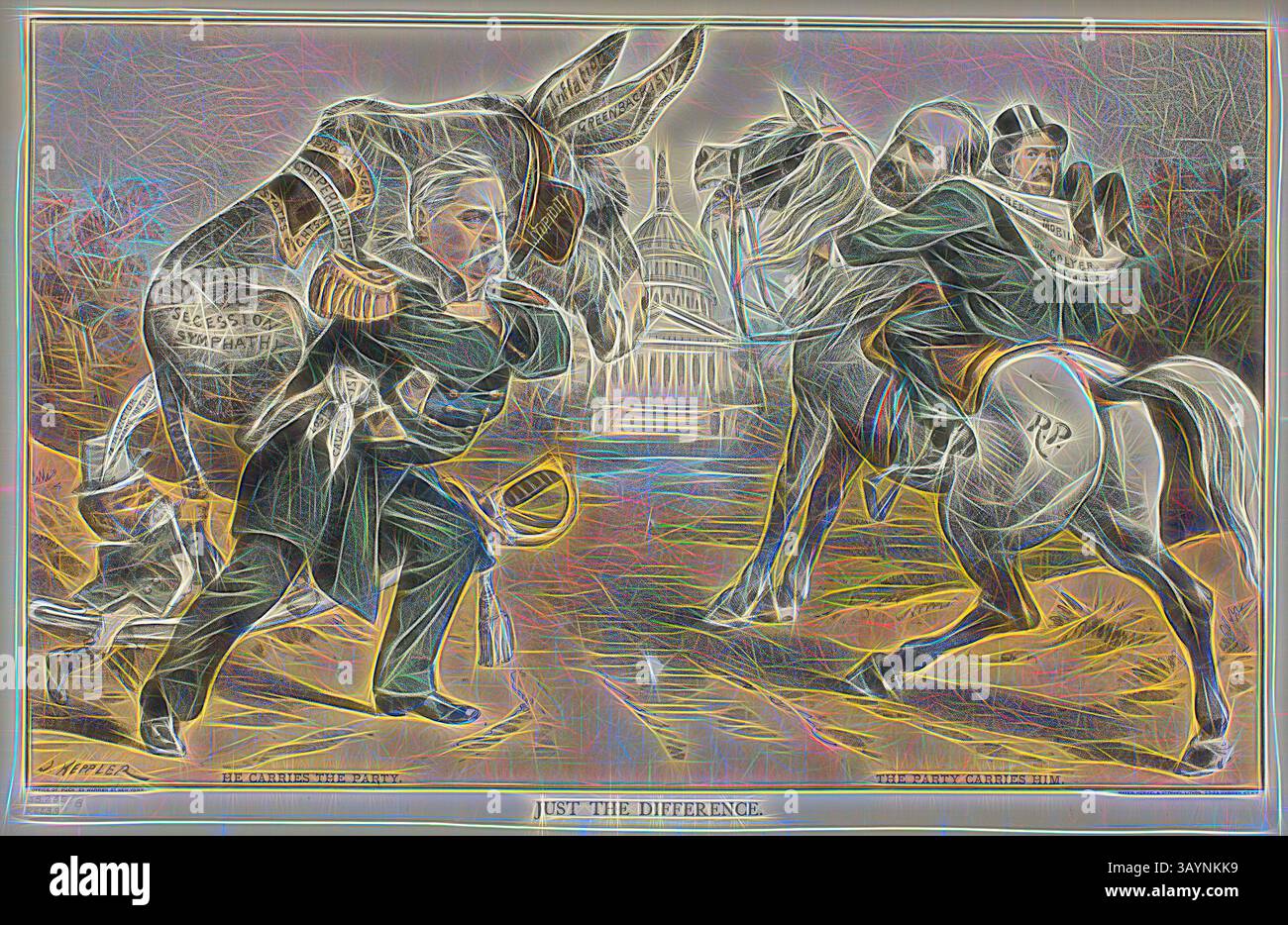 A political illustration depicting two figures on horseback ...