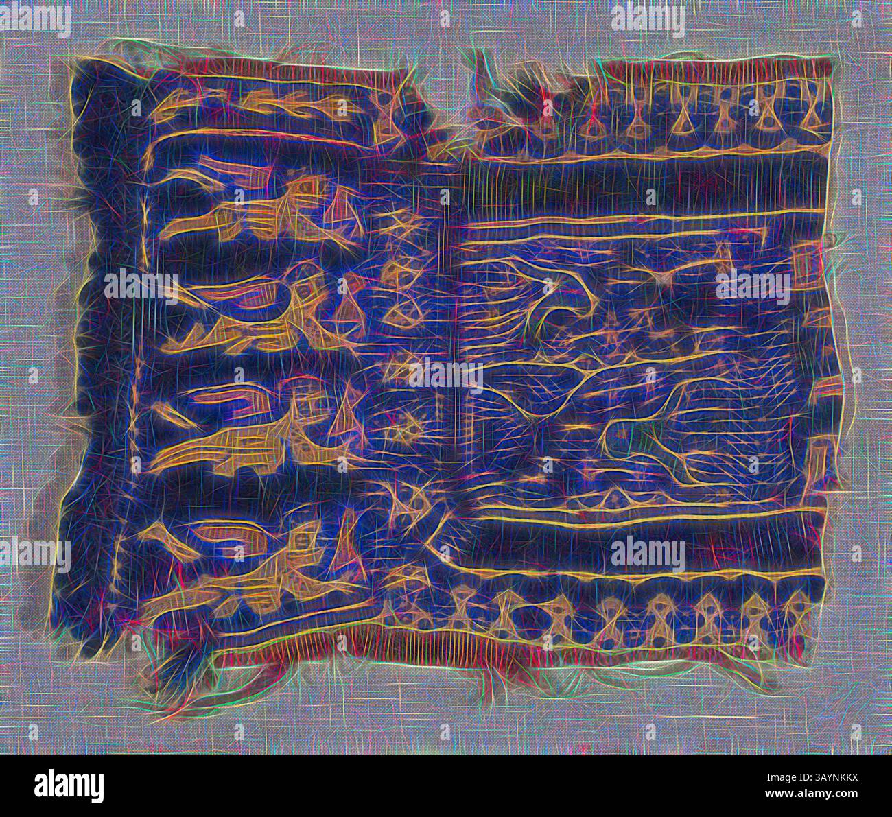 An intricately patterned textile showcases vibrant motifs, featuring ...