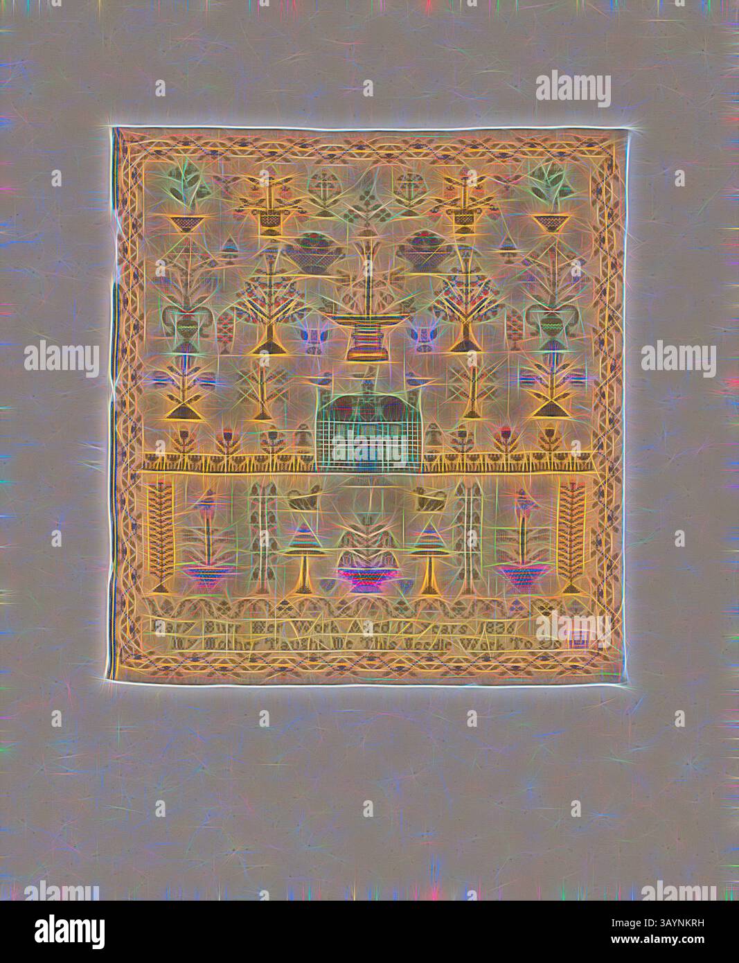 A vibrant tapestry features intricate patterns and symbols, including ...