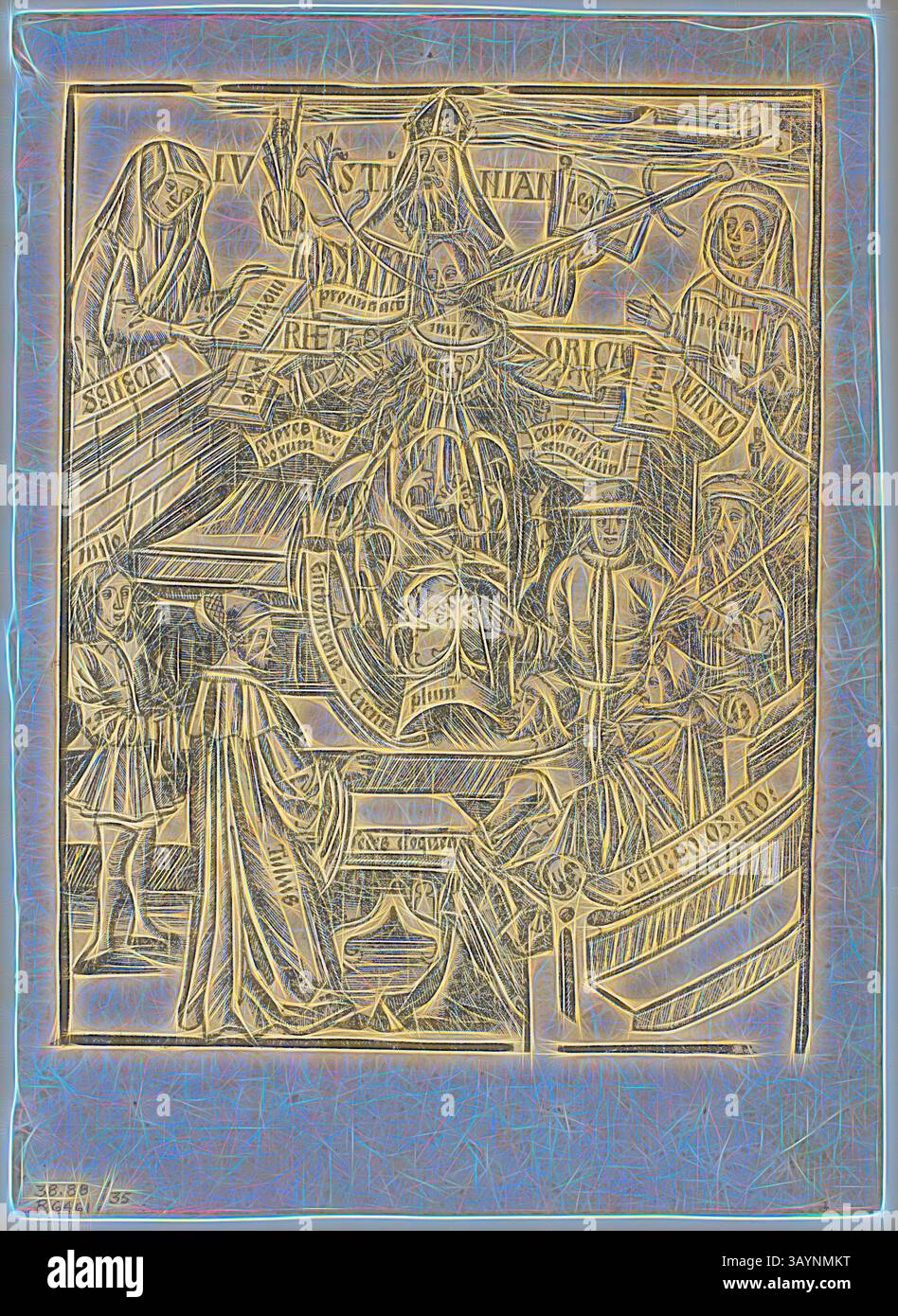 An intricate scene featuring figures engaged in various scholarly and ...