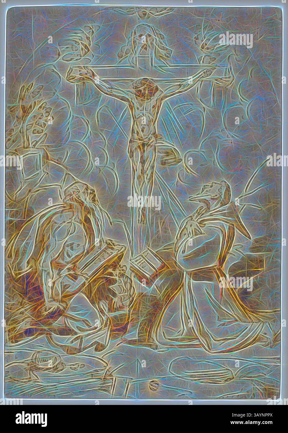 A stylized depiction of the crucifixion, featuring Christ on the cross surrounded by two figures ...