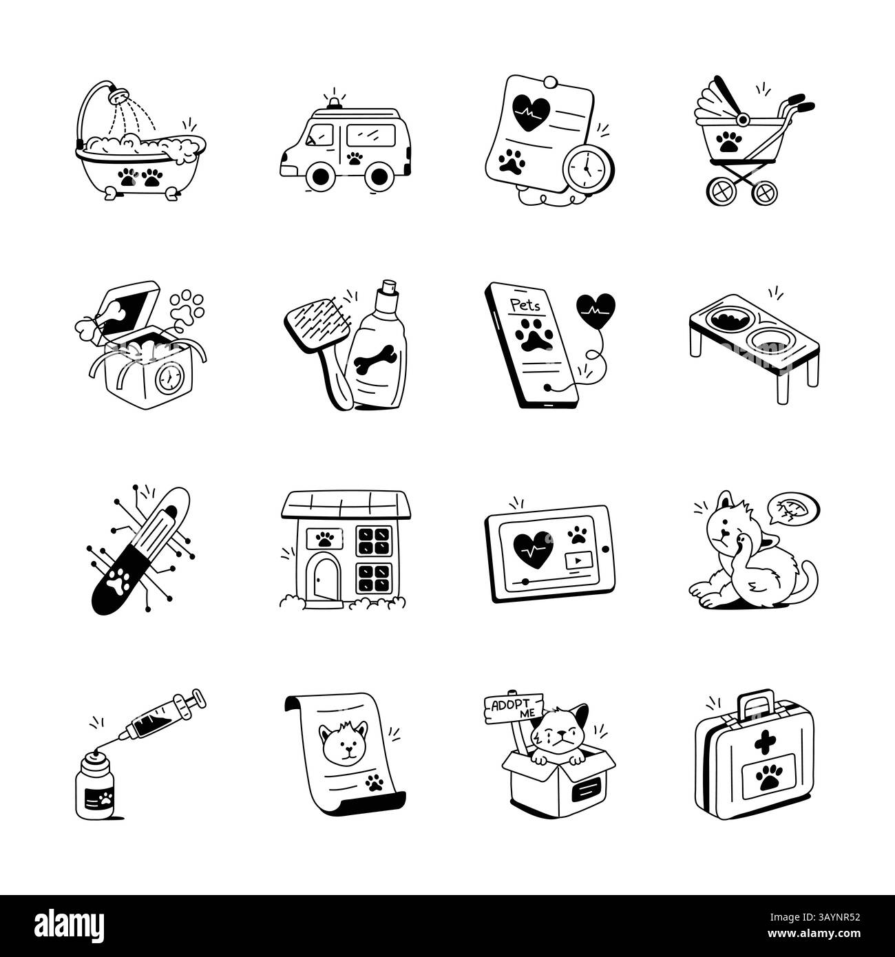 A set of simple, hand drawn icons depicting various aspects of pet care ...