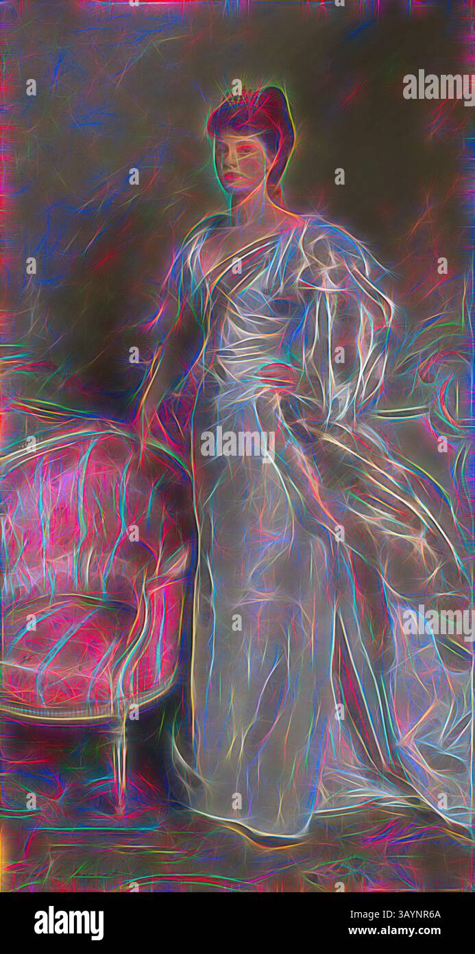 A woman stands gracefully in an elegant gown, her poised silhouette ...