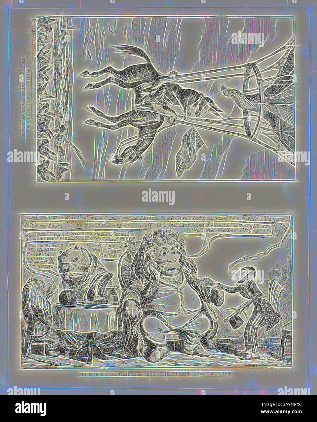 A whimsical scene depicts a dog hanging upside down from a tree branch ...