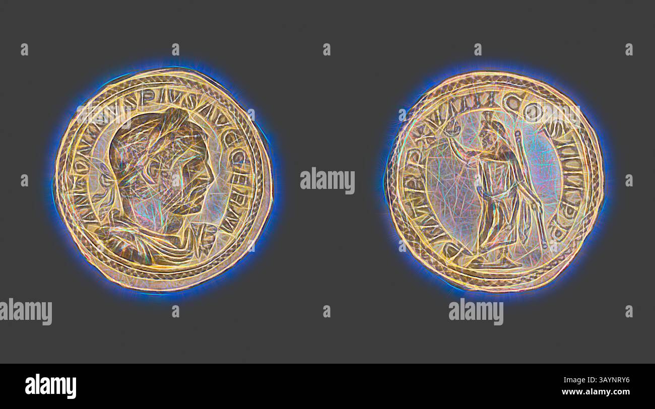 An ancient coin featuring a profile of a ruler on one side and a figure ...