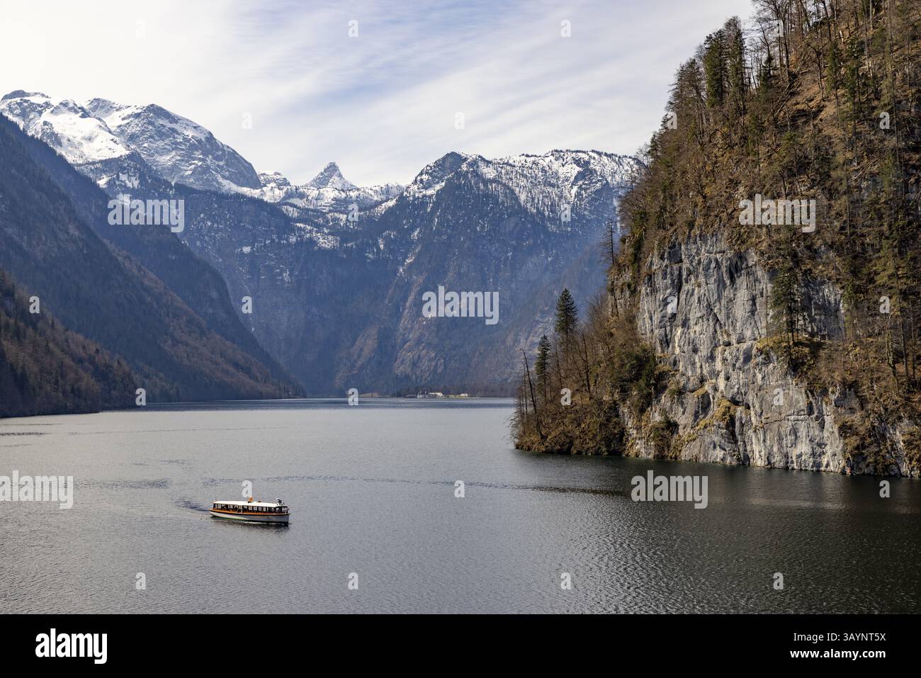 Excursion boat on the Koenigssee, behind the Steinerne Meer ...