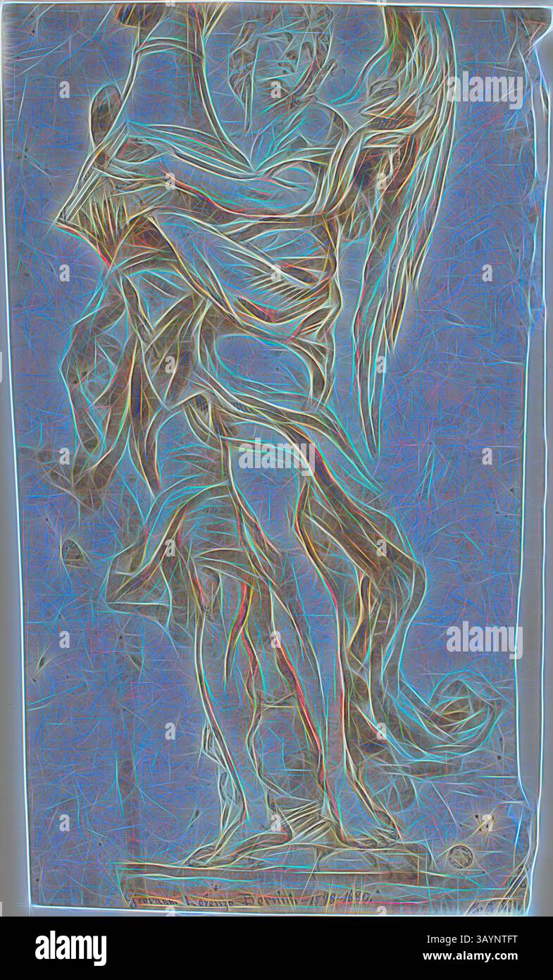 A dynamic figure of an angel, draped in flowing garments, conveys a ...