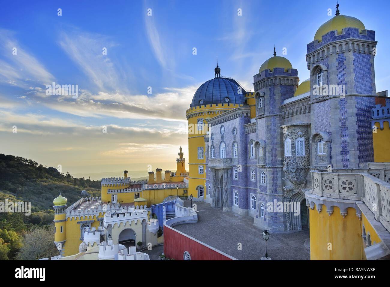 Pena castle yellow towers and blue mosaic towers in Sintra, Portugal ...