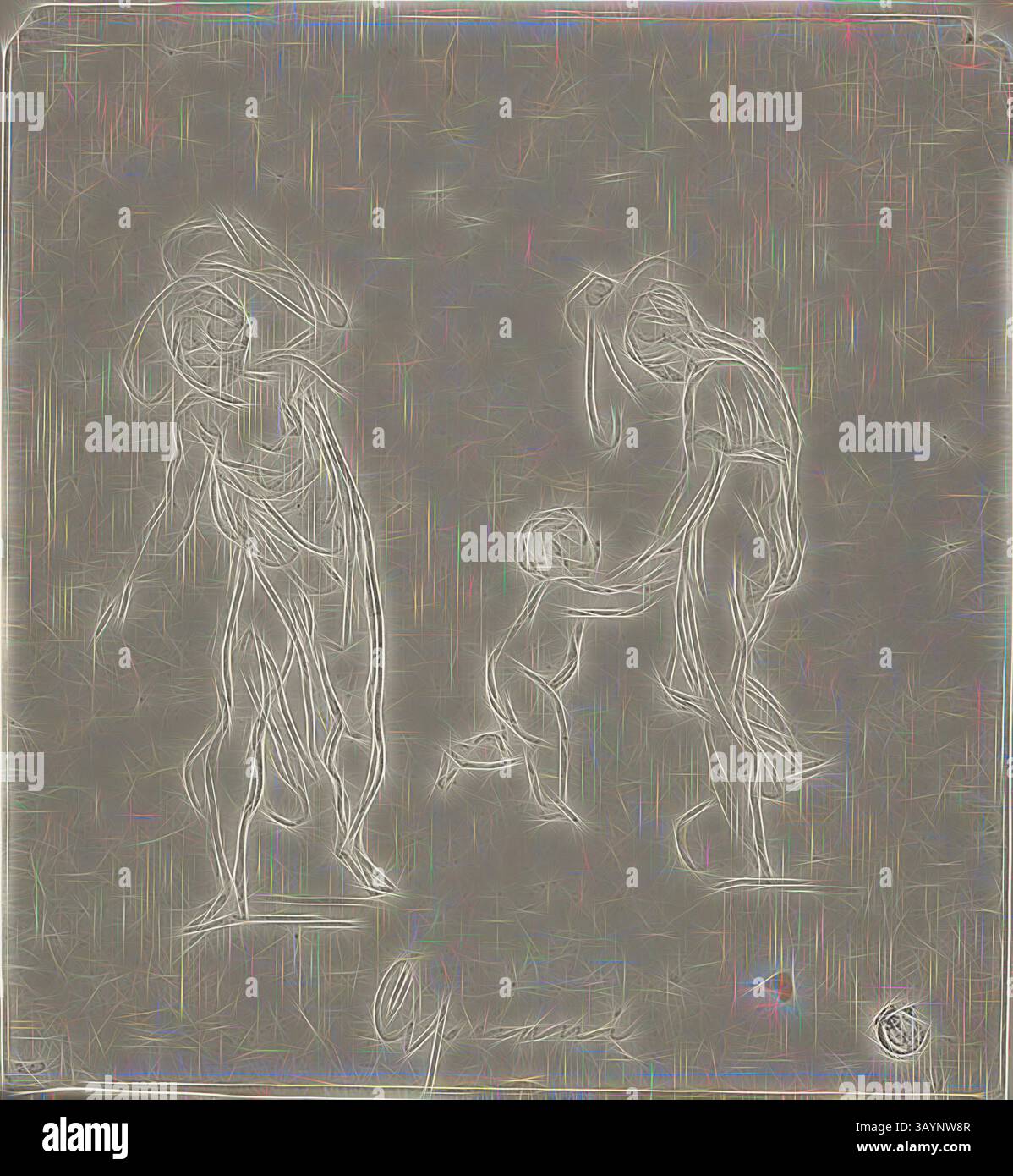 A stylized depiction featuring figures in dynamic poses, one adult ...