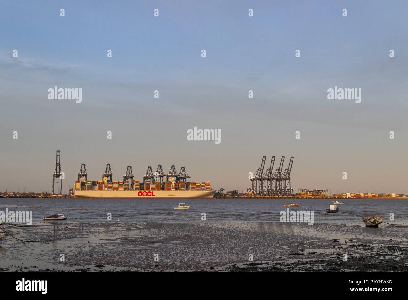 Container ship, container gantry cranes, boats, harbour, Harwich ...