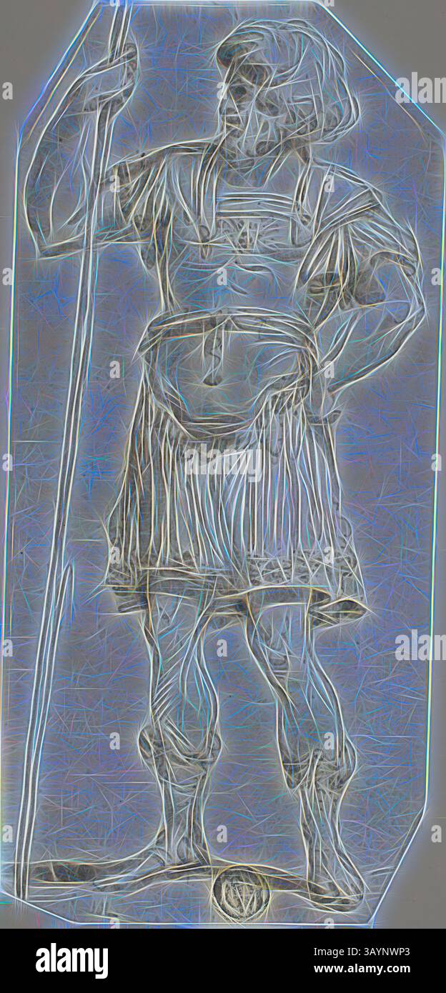 A stylized representation of a standing figure dressed in ancient armor ...