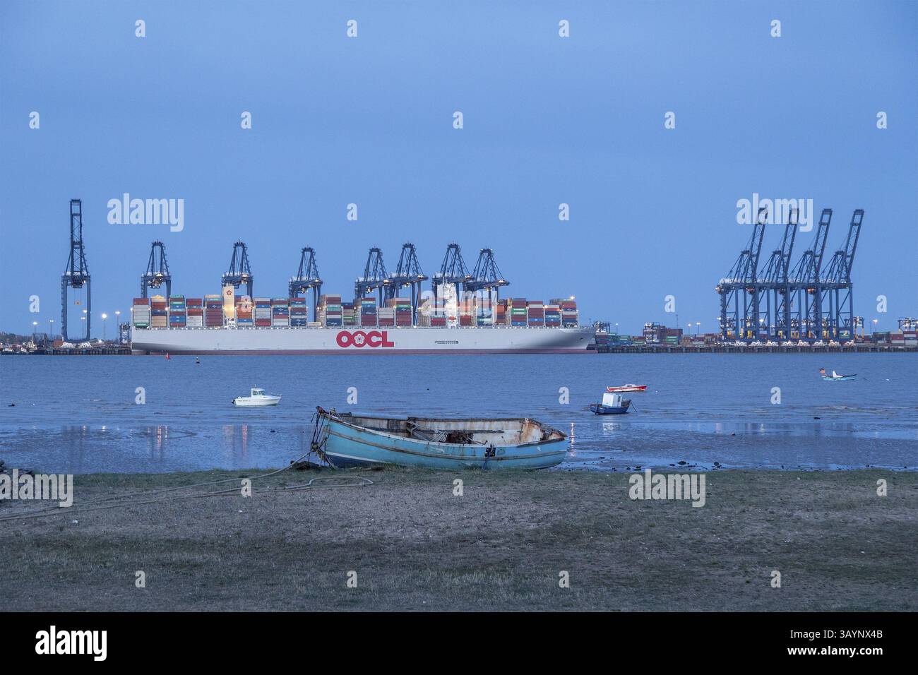 Container ship, container gantry cranes, boats, harbour, Harwich ...