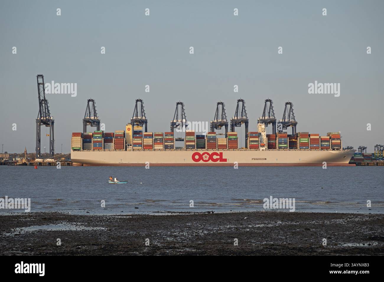 Container ship, container gantry cranes, boats, harbour, Harwich ...