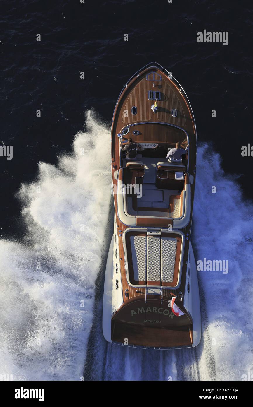 Aerial view sports boat J Craft 42 Torpedo R at full speed on the Cote ...