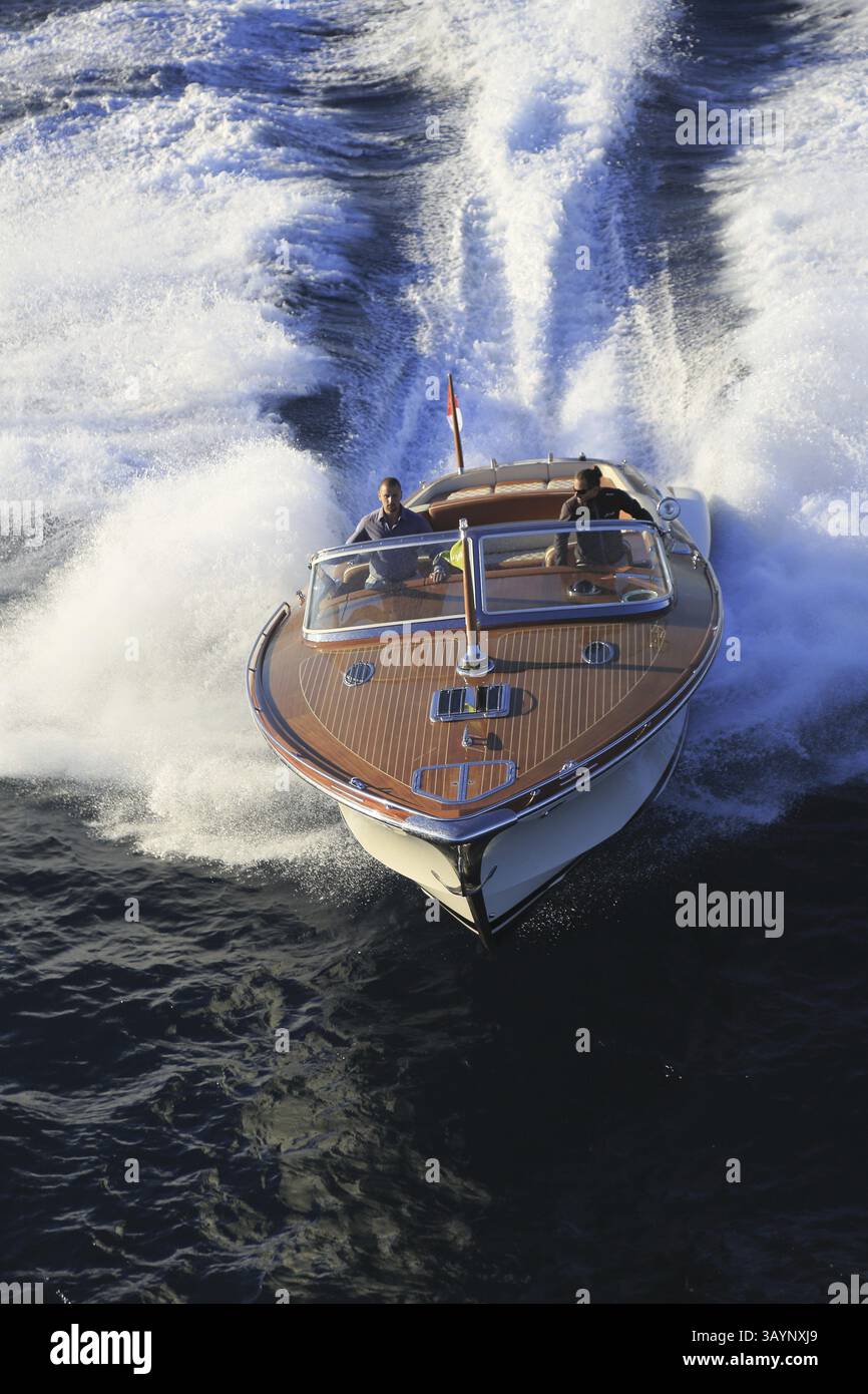 Aerial view sports boat J Craft 42 Torpedo R at full speed on the Cote ...