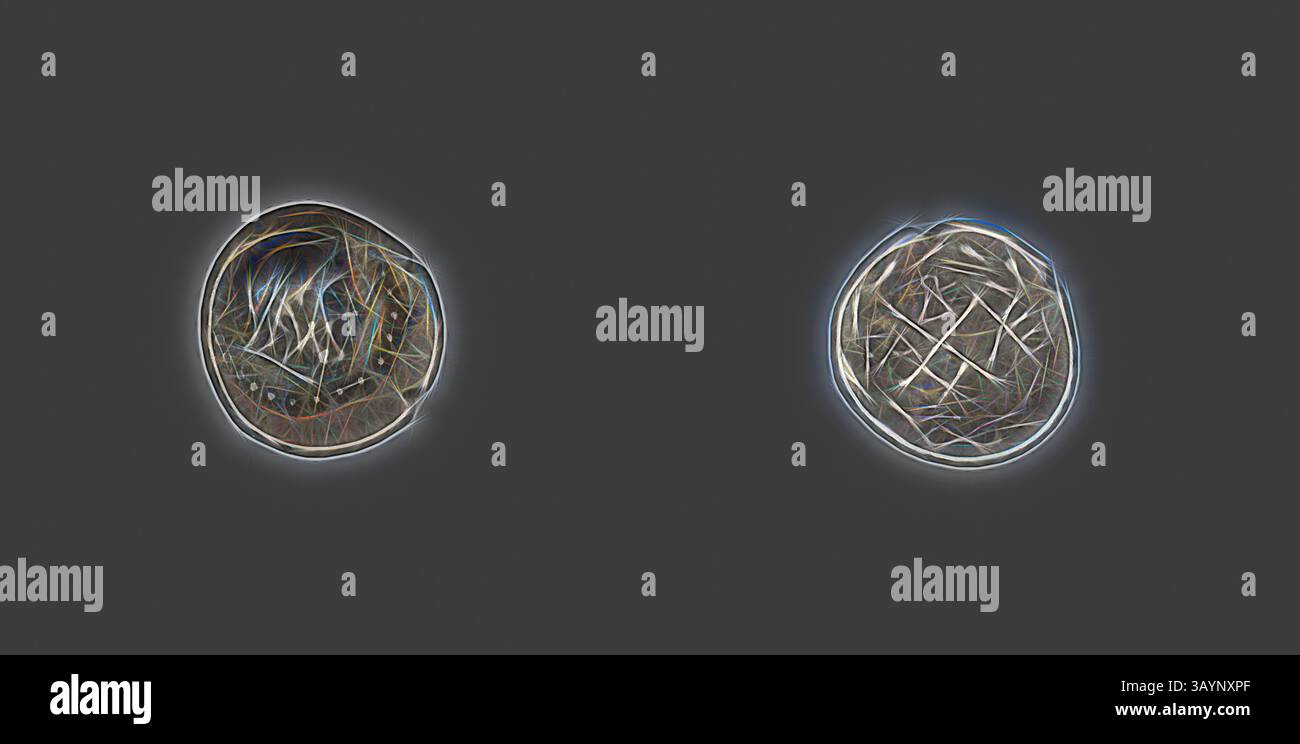 Two spherical objects, one intricately wrapped with a series of threads ...