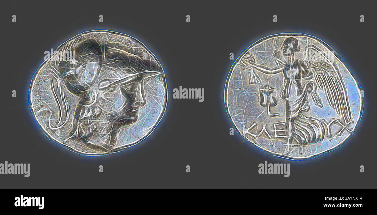 Two ancient coins are displayed prominently. One features a profile of ...