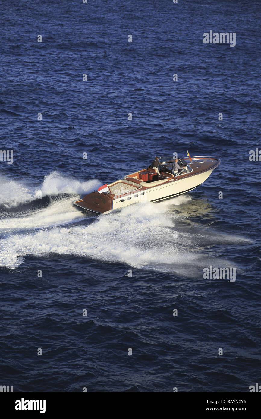 Aerial view sports boat J Craft 42 Torpedo R at full speed on the Cote ...