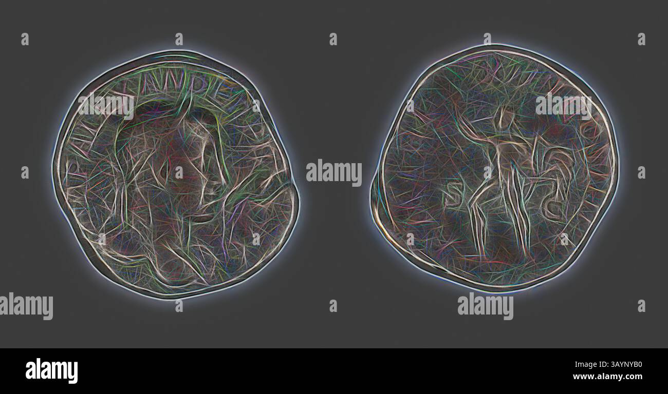 A detailed representation of an ancient coin featuring busts and ...