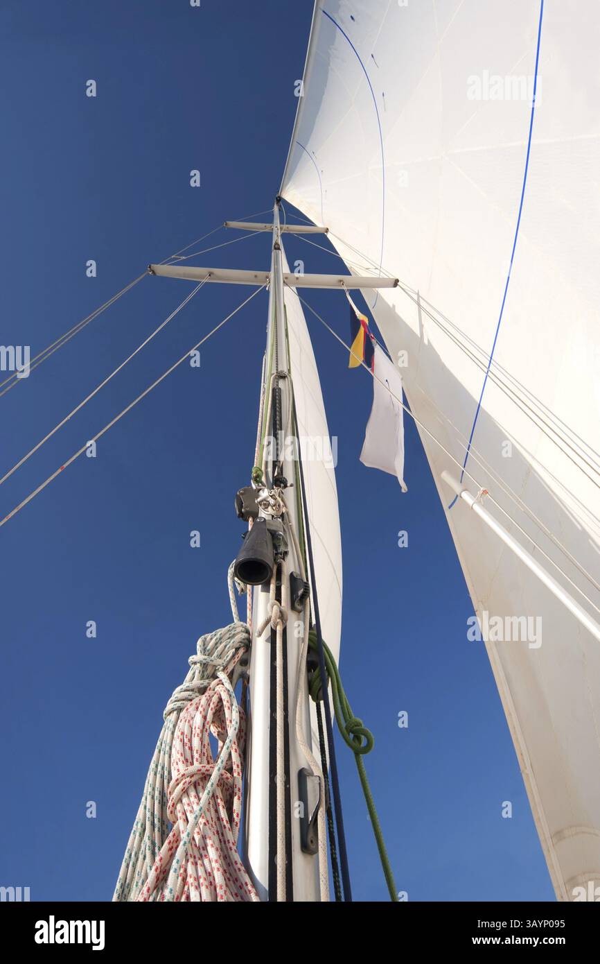 Yacht mast with ropes and sailing in blue sky Stock Photo - Alamy