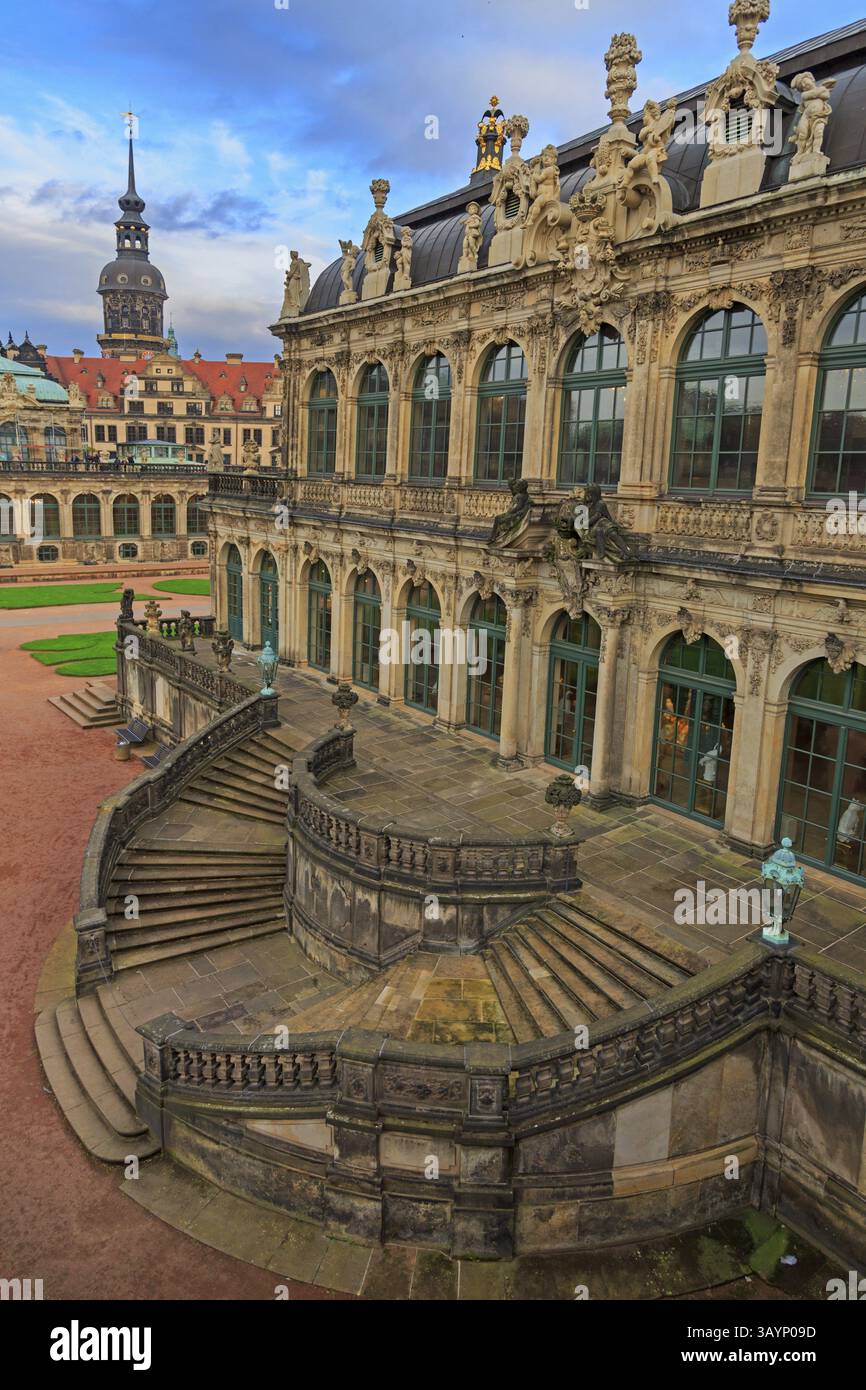 Stairs top view at Zwinger palace and Residenzschloss (city hall) on ...