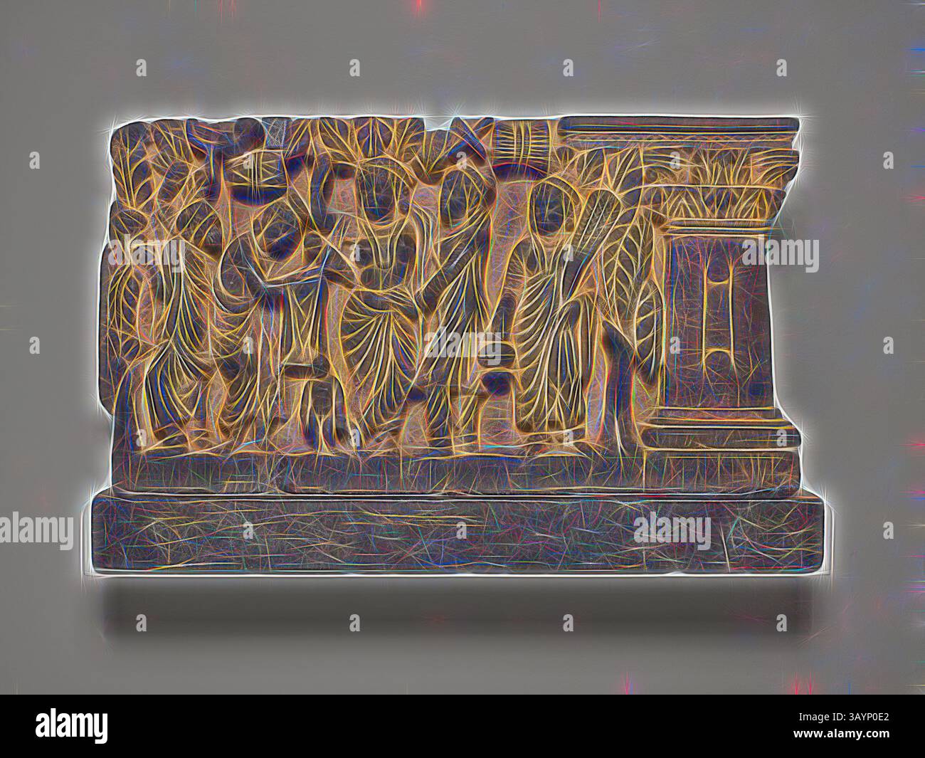 A richly detailed relief sculpture features multiple figures engaged in ...