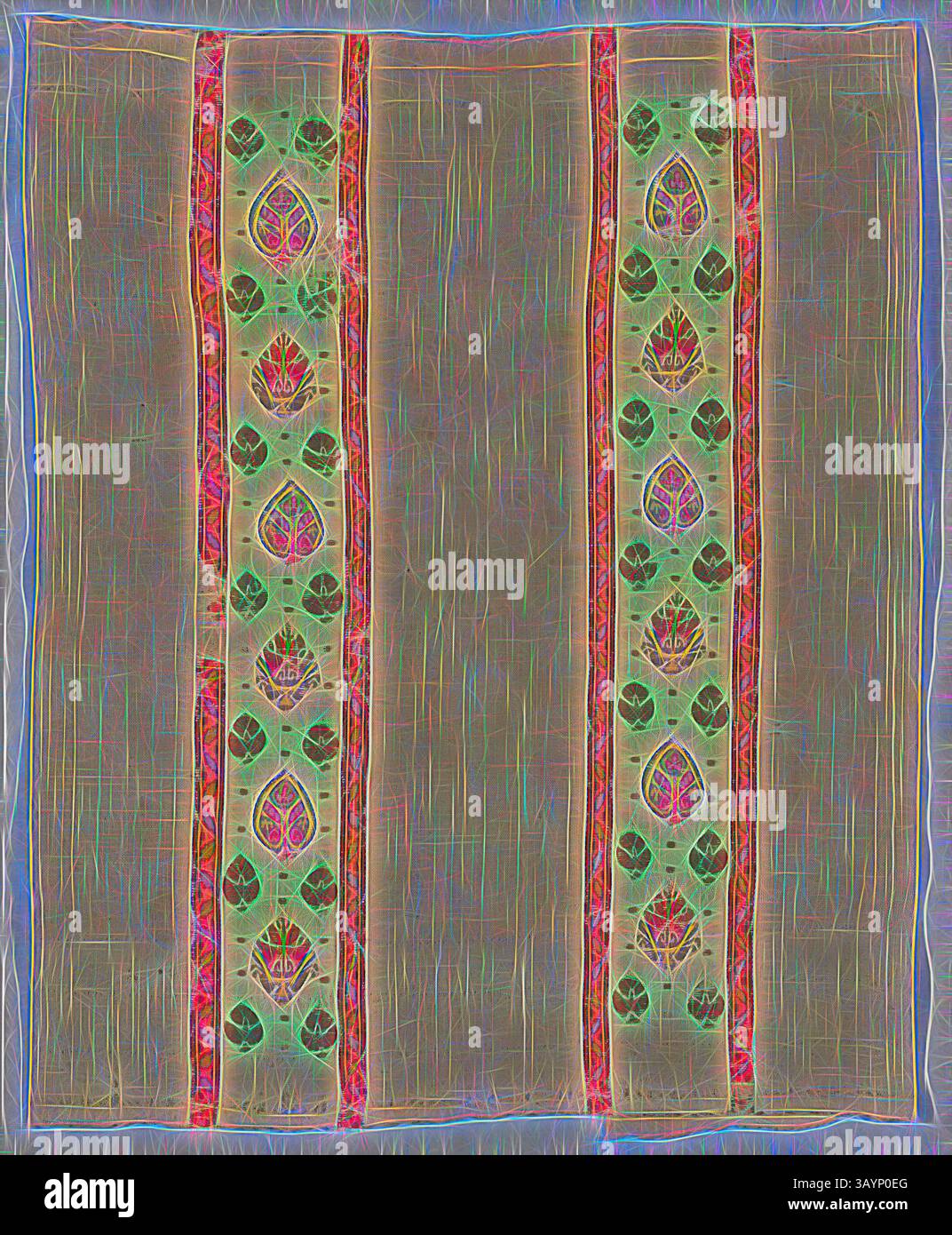 An intricate textile design featuring vibrant patterns with green ...