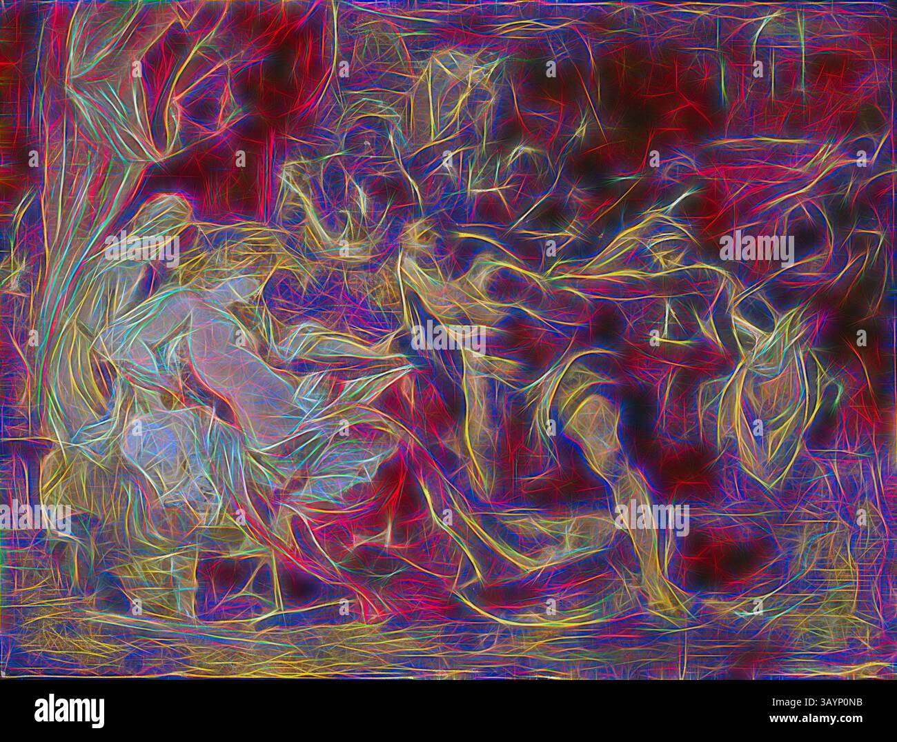 A dynamic scene showcases figures in a moment of intense interaction ...
