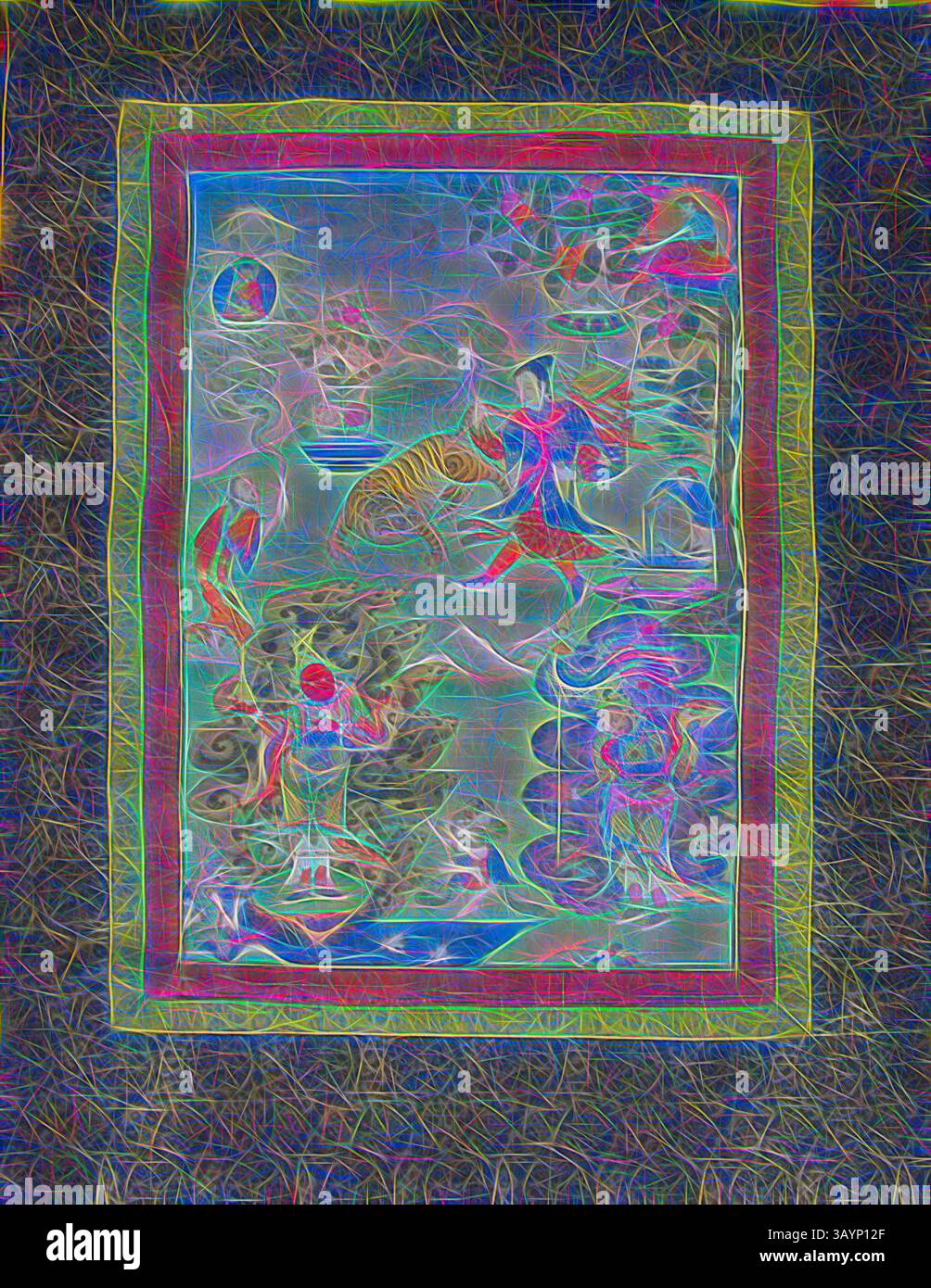 A vibrant, intricately detailed artwork featuring a dynamic scene with ...