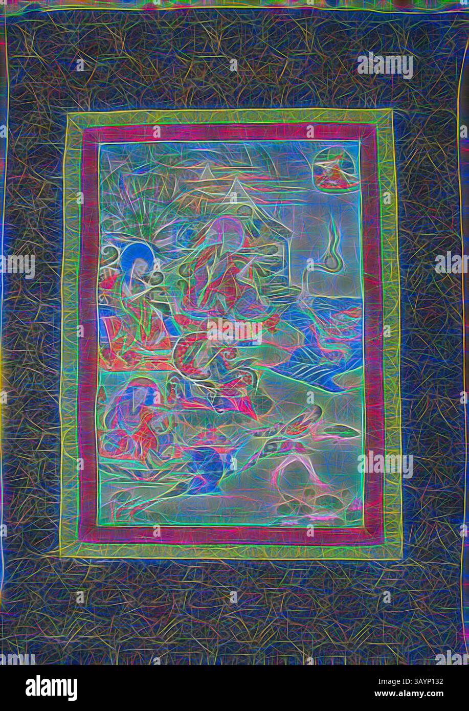 A vibrant depiction of a serene scene featuring multiple figures engaged in various activities ...