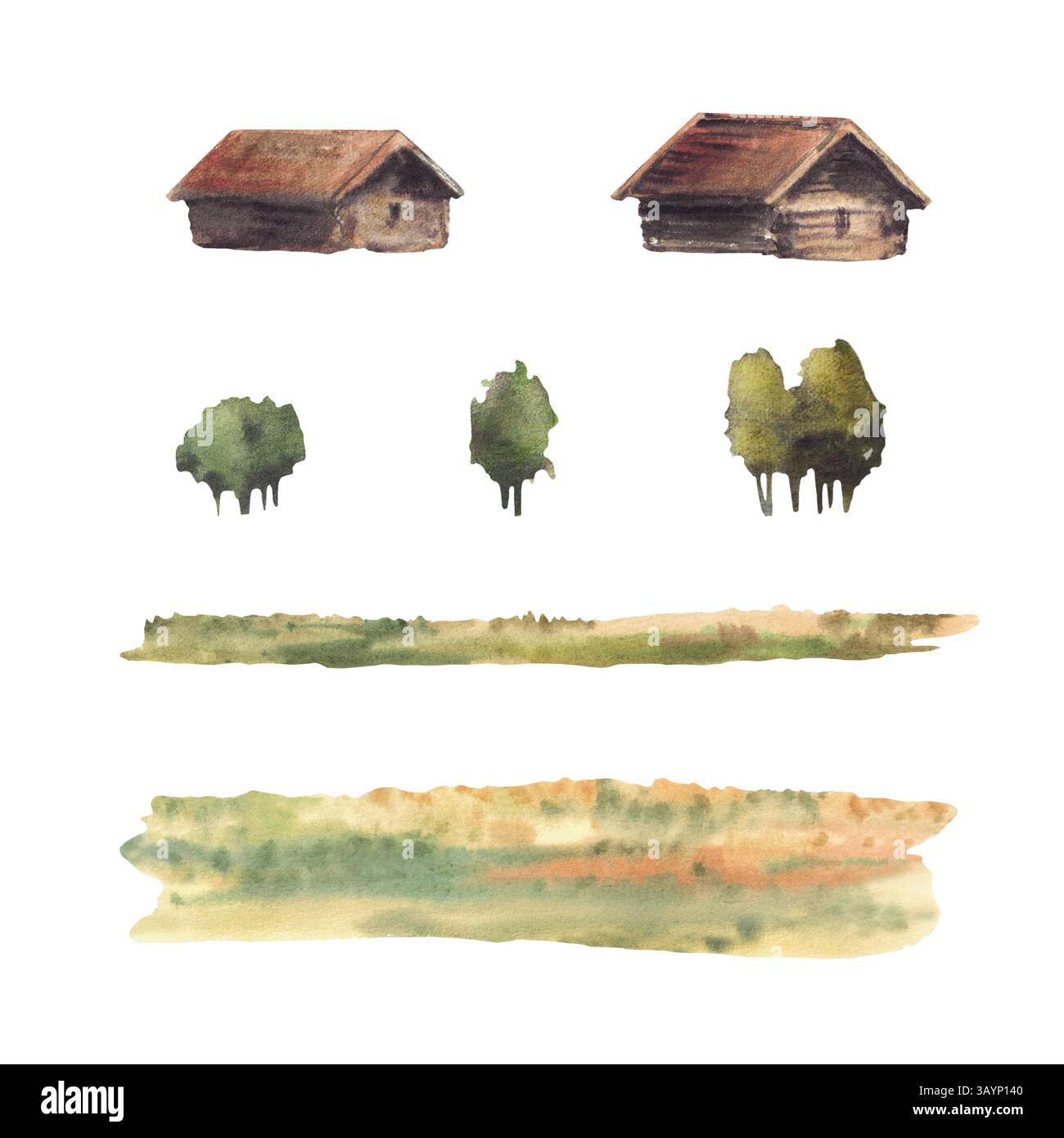 Cabins, Alpine huts, hills, fields, meadows, silhouettes of trees ...