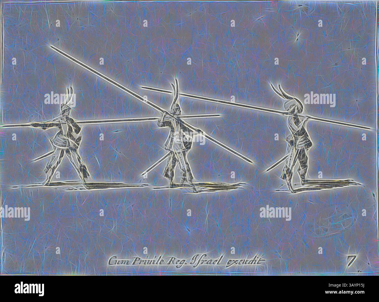 A trio of armored figures stand poised with long spears, ready for ...