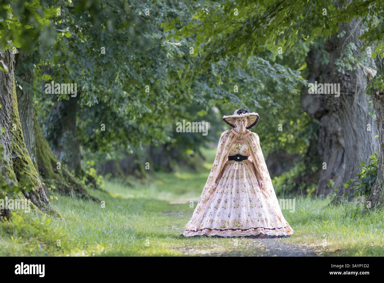 Elegant woman in a Victorian dress walks through an avenue of lime ...