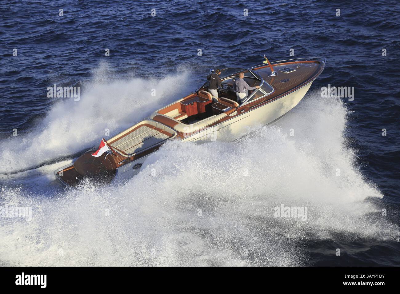 Aerial view sports boat J Craft 42 Torpedo R at full speed on the Cote ...