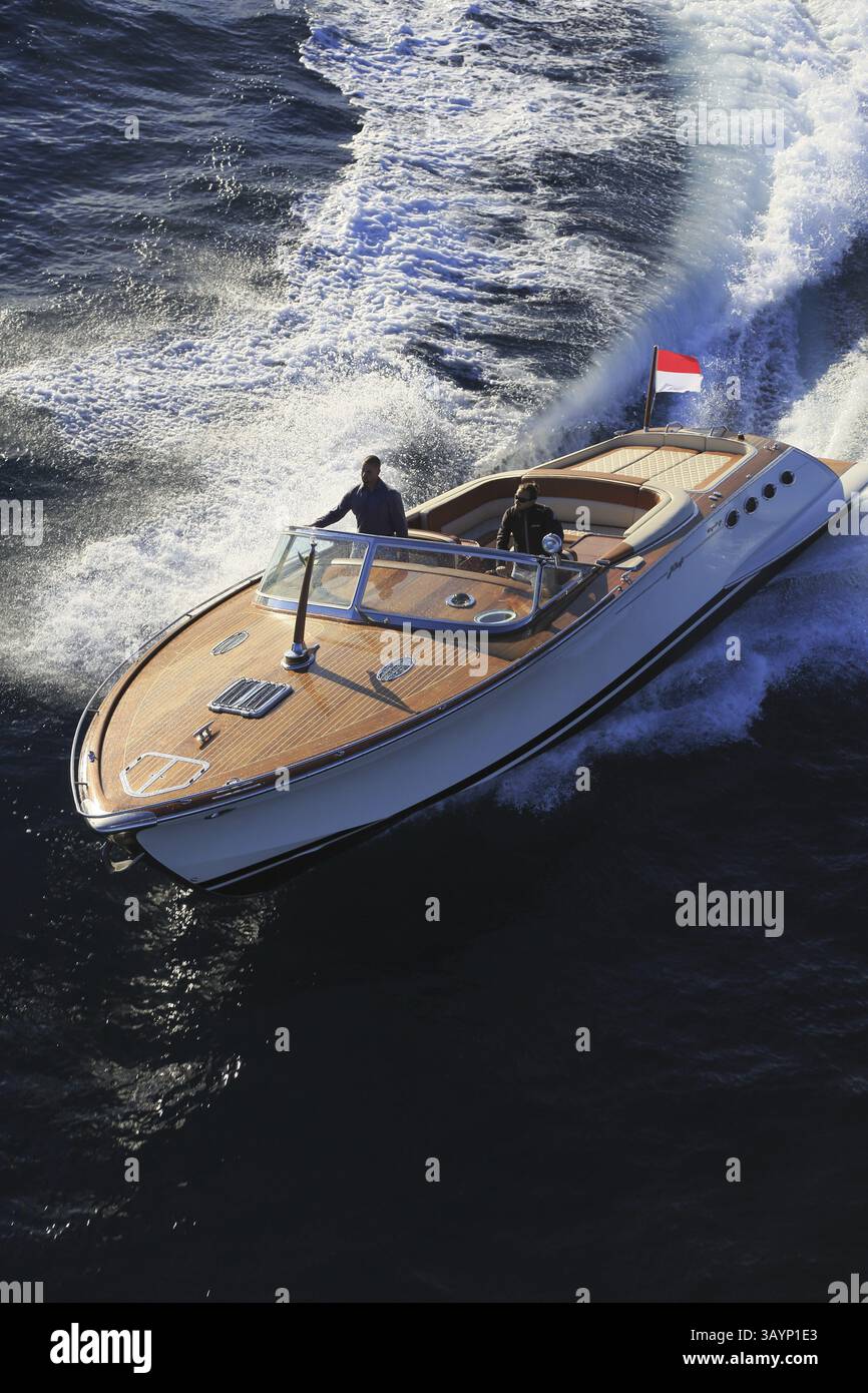 Aerial view sports boat J Craft 42 Torpedo R at full speed on the Cote ...