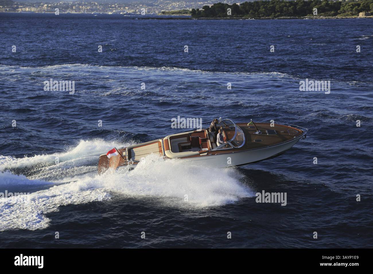 Aerial view sports boat J Craft 42 Torpedo R at full speed on the Cote ...