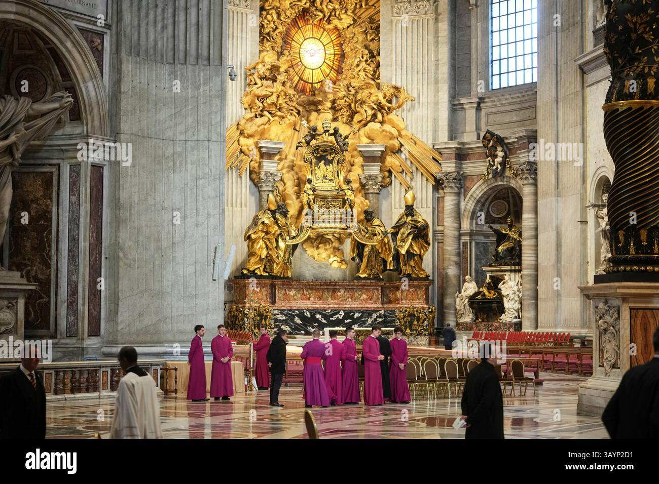 Staff make final preparations in St. Peter's Basilica ahead of the ...