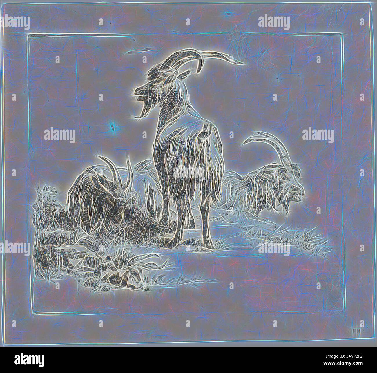 A stylized depiction of two goats, one standing proudly while the other ...