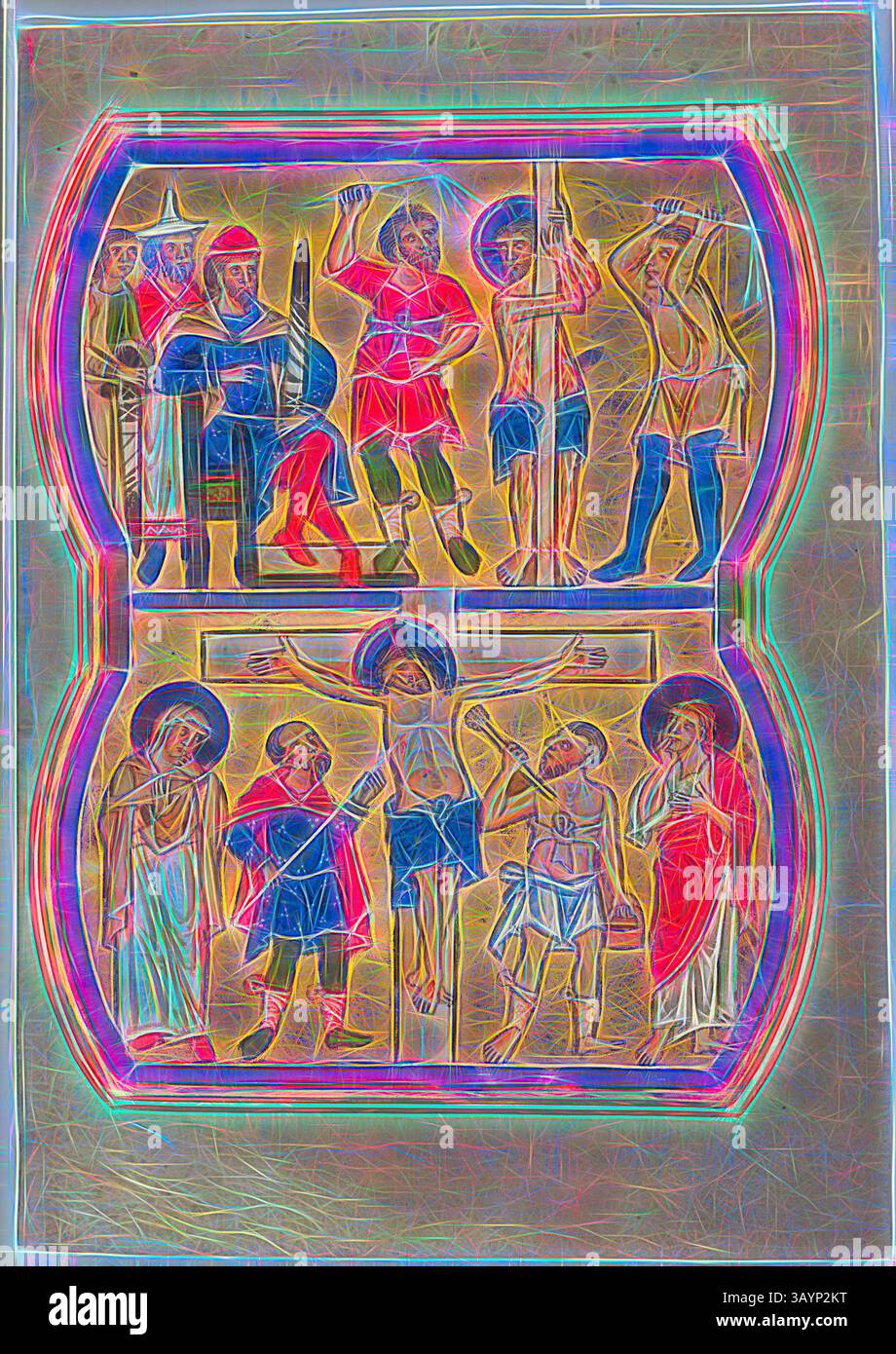 A vibrant depiction featuring multiple figures, including soldiers and martyrs, set against a ...