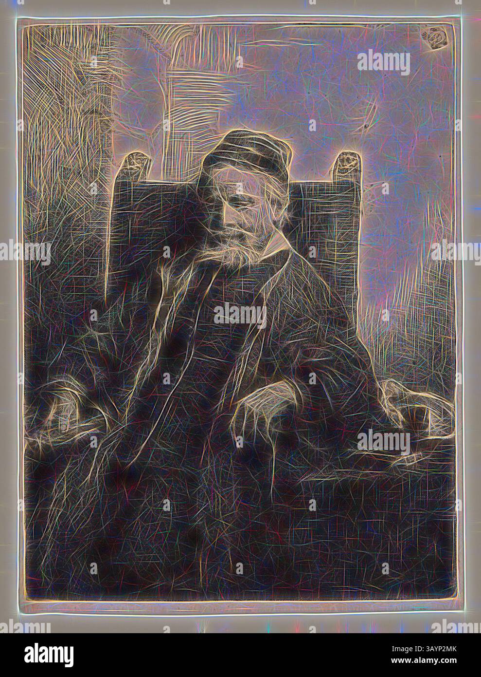 A contemplative figure sits in a large, ornate chair, draped in a robe ...