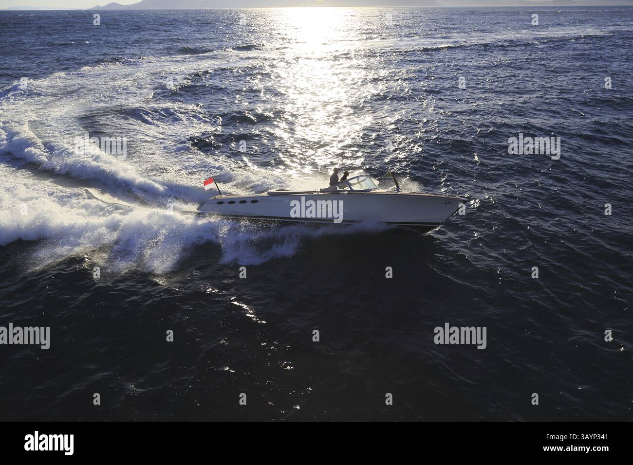 Aerial view sports boat J Craft 42 Torpedo R at full speed on the Cote ...