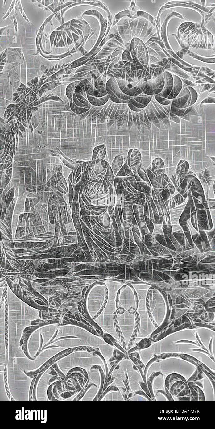 An intricate illustration depicting a scene of figures in a dramatic ...