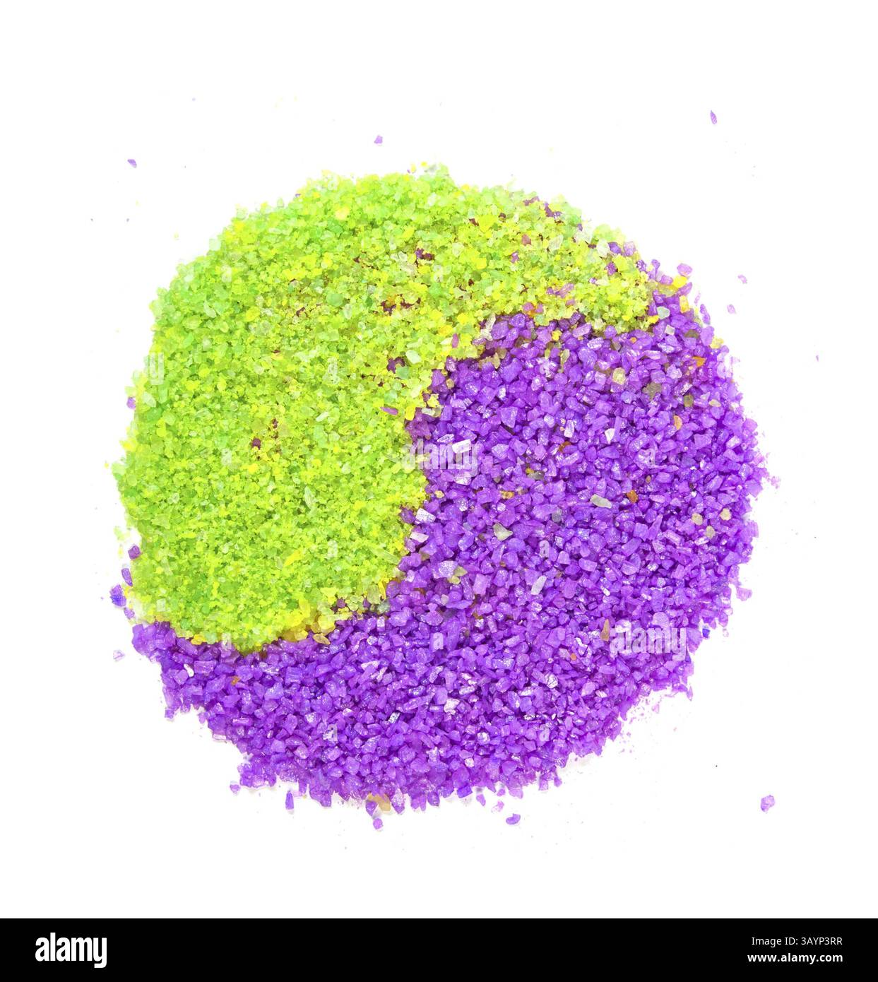 Lavender and green tea sea salt in yin-yang sign isolated on white ...