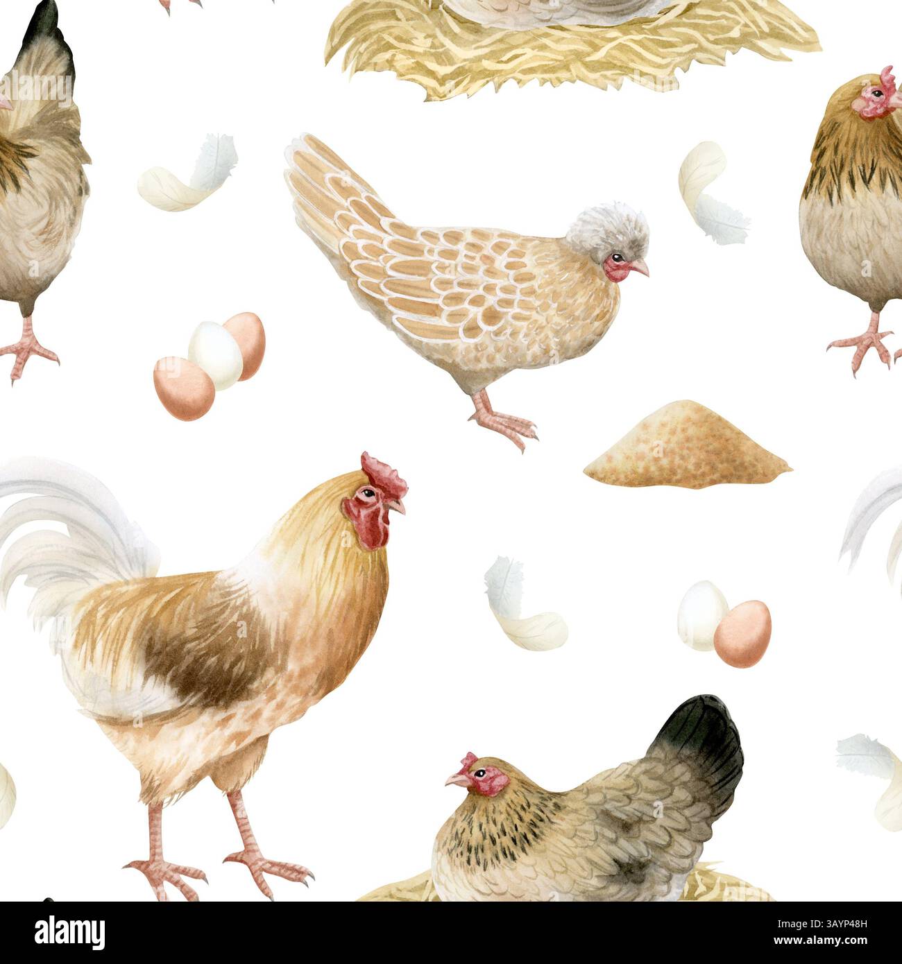 Beige chickens hens and rooster with eggs and nests watercolor seamless ...
