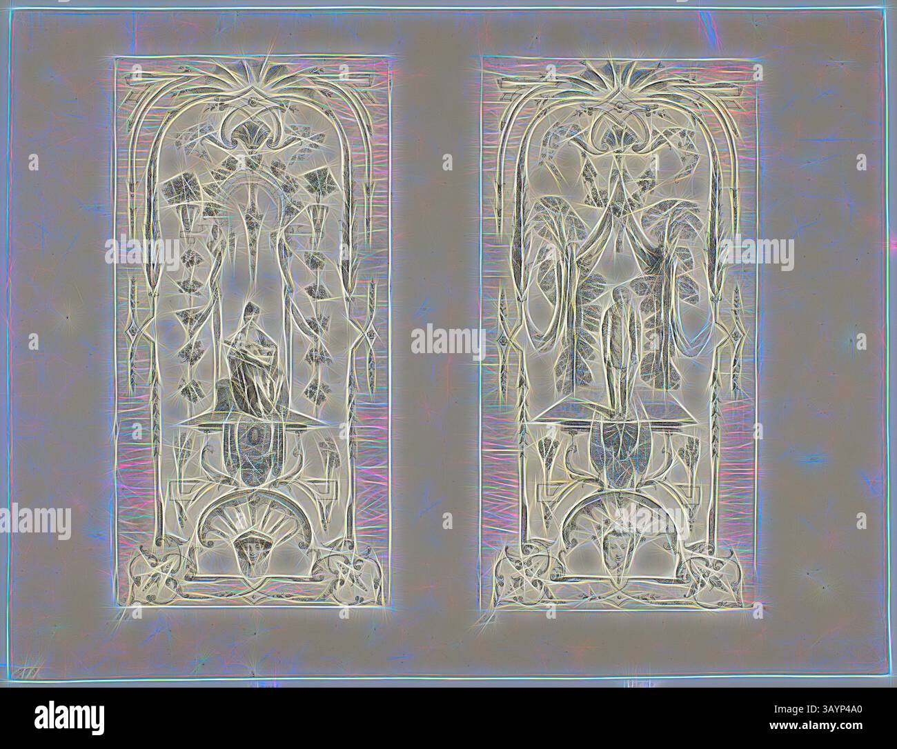 Intricate architectural designs featuring ornate figures framed by ...