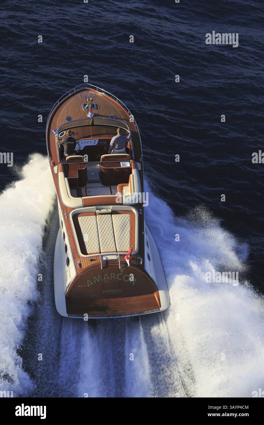 Aerial view sports boat J Craft 42 Torpedo R at full speed on the Cote ...